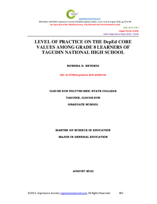 (PDF) LEVEL OF PRACTICE ON THE DepEd CORE VALUES AMONG GRADE 8 LEARNERS ...