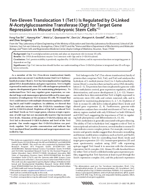 (PDF) Ten-Eleven Translocation 1 (Tet1) Is Regulated by O-Linked N ...