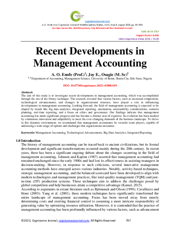 (PDF) Recent Developments in Management Accounting