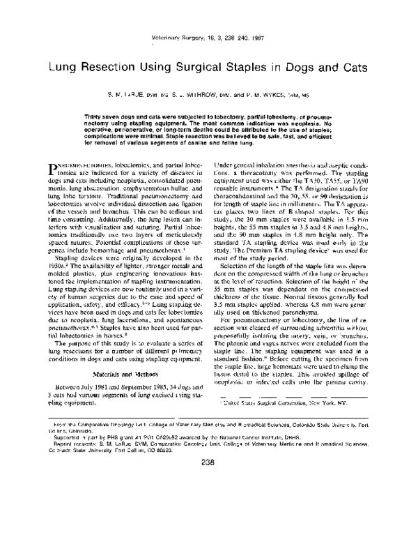 (PDF) Lung Resection Using Surgical Staples in Dogs and Cats