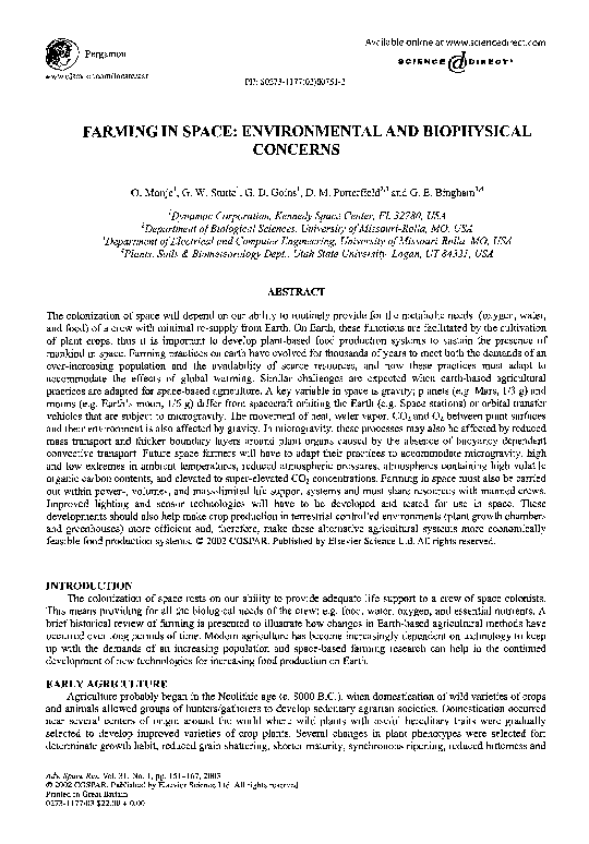 (PDF) Farming in space: Environmental and biophysical concerns