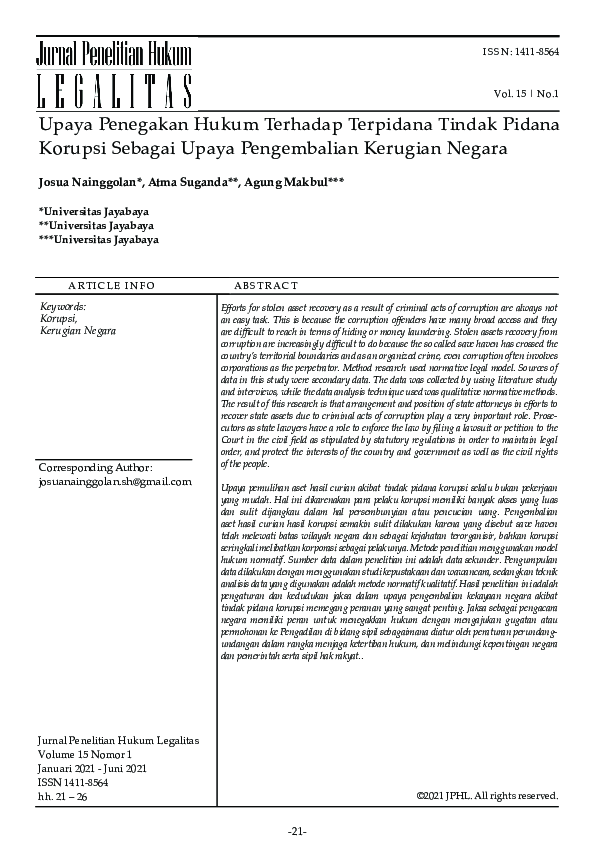 (PDF) Upaya Penegakan Hukum Terhadap Terpidana Tindak Pidana Korupsi Sebagai Upaya Pengembalian ...