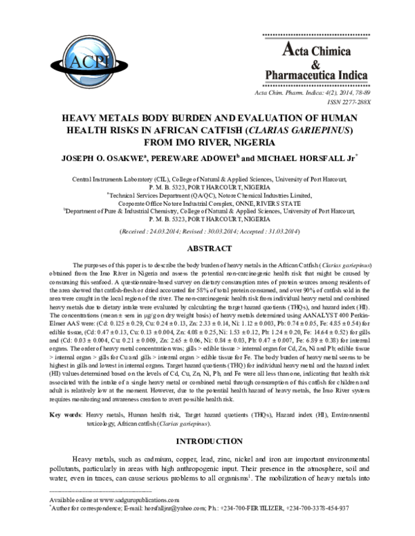 (PDF) Heavy Metals Body Burden and Evaluation of Human Health Risks in ...