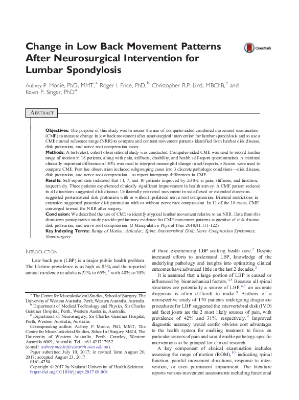 (PDF) Change in Low Back Movement Patterns After Neurosurgical ...