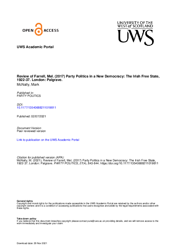 (PDF) UWS Academic Portal Review of Farrell, Mel. (2017) Party Politics ...