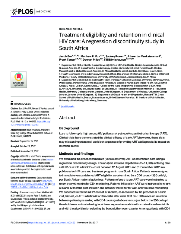 (PDF) Treatment eligibility and retention in clinical HIV care: A ...