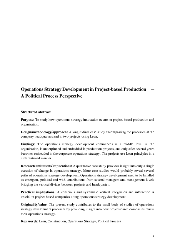(PDF) Operations strategy development in project based production – a ...