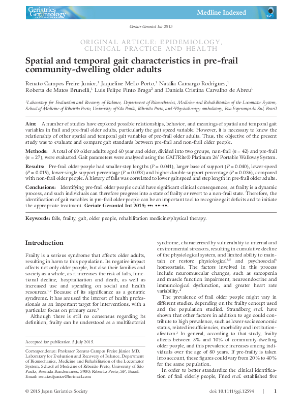 (PDF) Spatial and temporal gait characteristics in pre-frail community-dwelling older adults