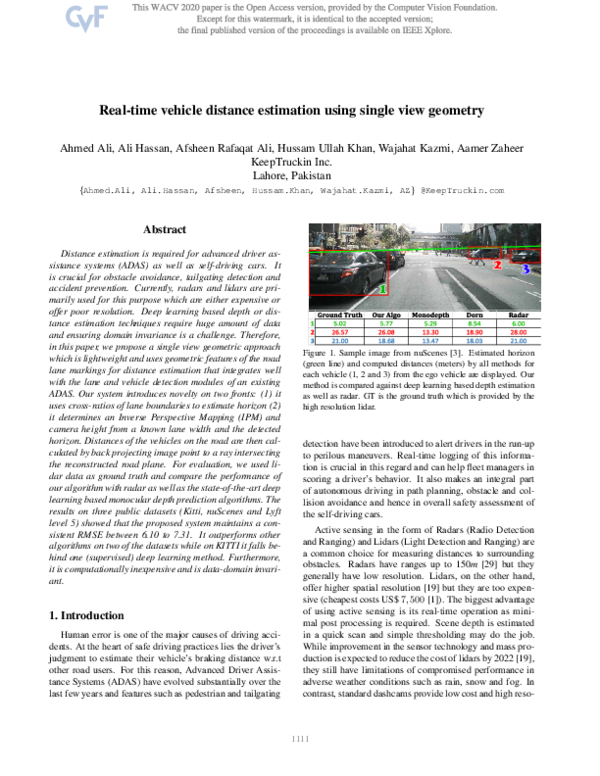 (PDF) Real-time vehicle distance estimation using single view geometry