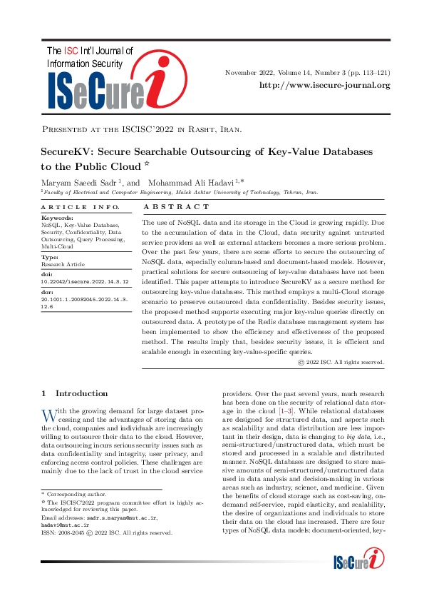 (PDF) SecureKV: Secure Searchable Outsourcing of Key-Value Databases to the Public Cloud
