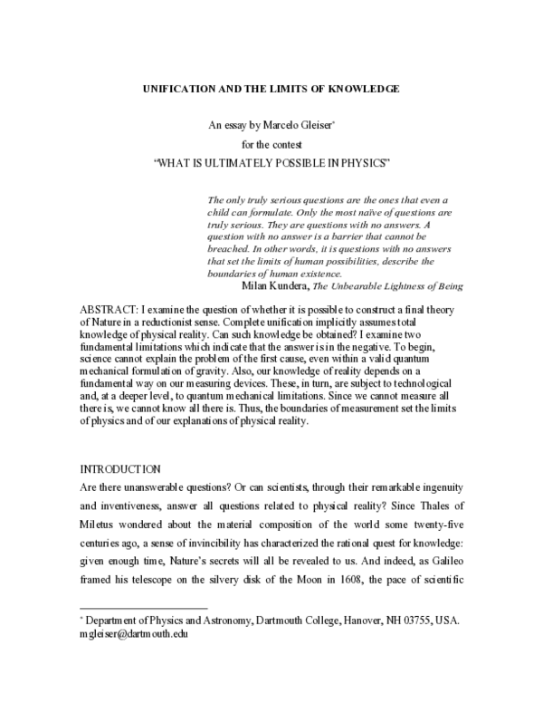 (PDF) Unification and the Limits of Knowledge
