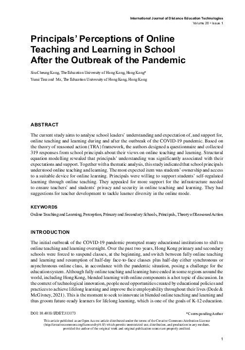 (PDF) Principals' Perceptions of Online Teaching and Learning in School After the Outbreak of ...
