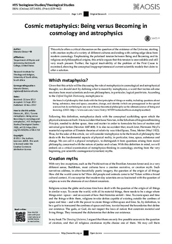 (PDF) Cosmic metaphysics: Being versus Becoming in cosmology and ...