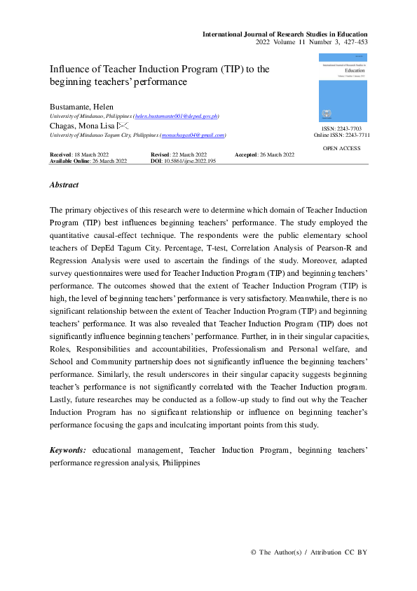 Influence of Teacher Induction Program (TIP) to the beginning teachers ...