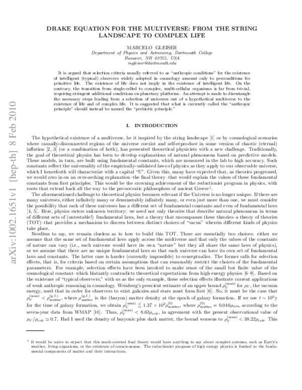 (PDF) Drake Equation for the Multiverse: From the String Landscape to ...
