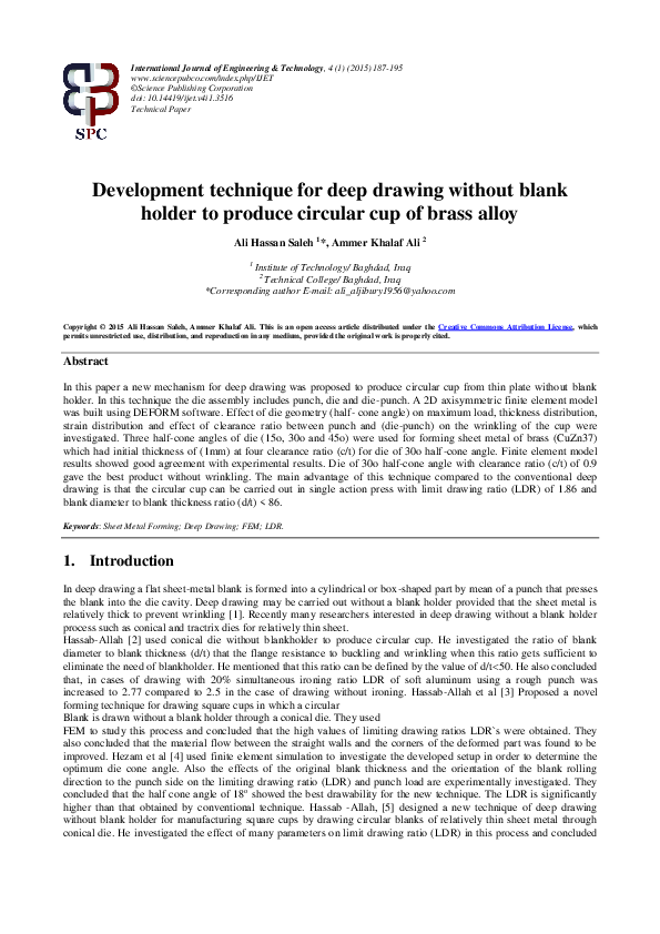 (PDF) Development technique for deep drawing without blank holder to ...