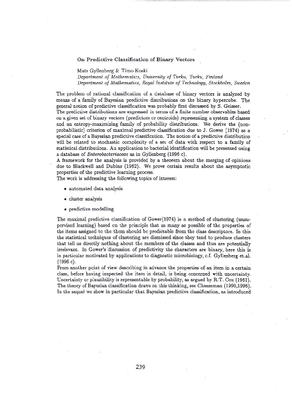 (PDF) On predictive classification of binary vectors