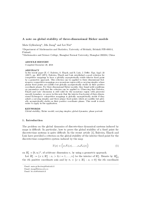(PDF) A note on global stability of three-dimensional Ricker models ...