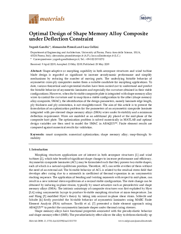 (PDF) Optimal Design of Shape Memory Alloy Composite under Deflection ... (PDF) Optimal Design of Shape Memory Alloy Composite under Deflection ...