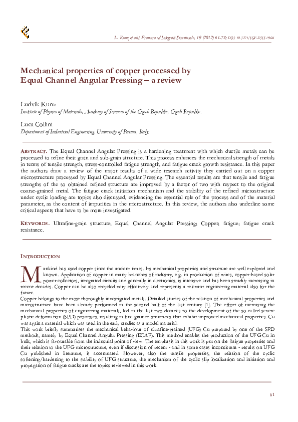 (PDF) Mechanical properties of copper processed by Equal Channel Angular Pressing - a review