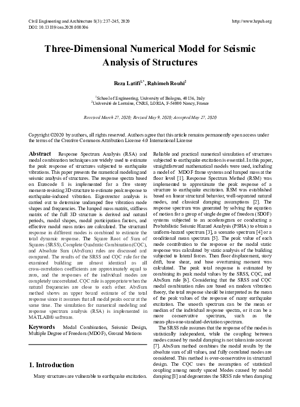 Pdf Three Dimensional Numerical Model For Seismic Analysis Of Structures