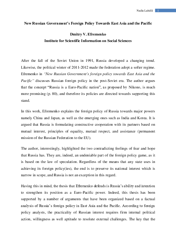(PDF) New Russian Government's Foreign Policy Towards East Asia and the ...