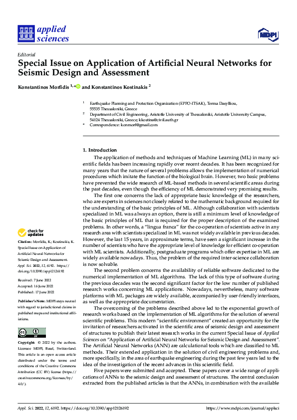 (PDF) Special Issue on Application of Artificial Neural Networks for Seismic Design and Assessment