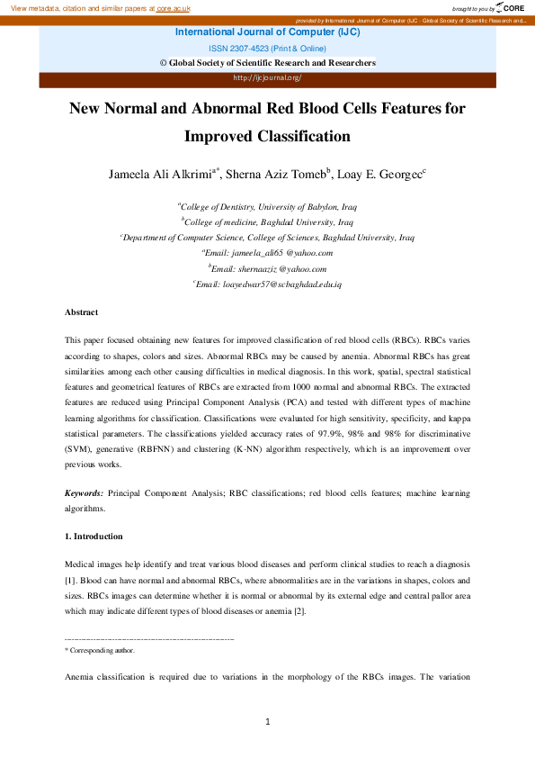 (PDF) New Normal and Abnormal Red Blood Cells Features for Improved Classification