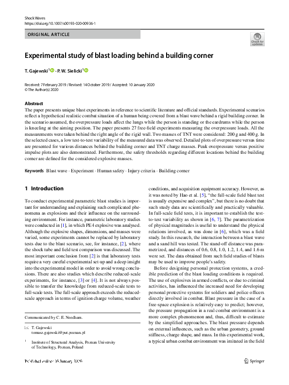 (PDF) Experimental study of blast loading behind a building corner