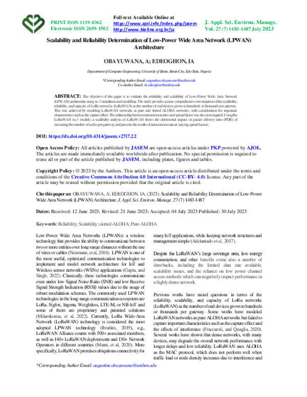 (PDF) Scalability and Reliability Determination of Low-Power Wide Area Network (LPWAN) Architecture