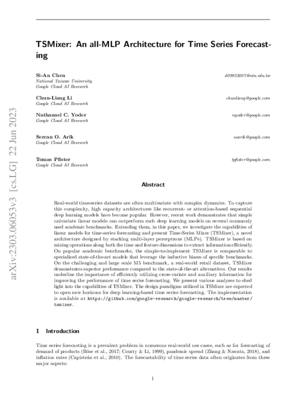 Pdf Tsmixer An All Mlp Architecture For Time Series Forecasting