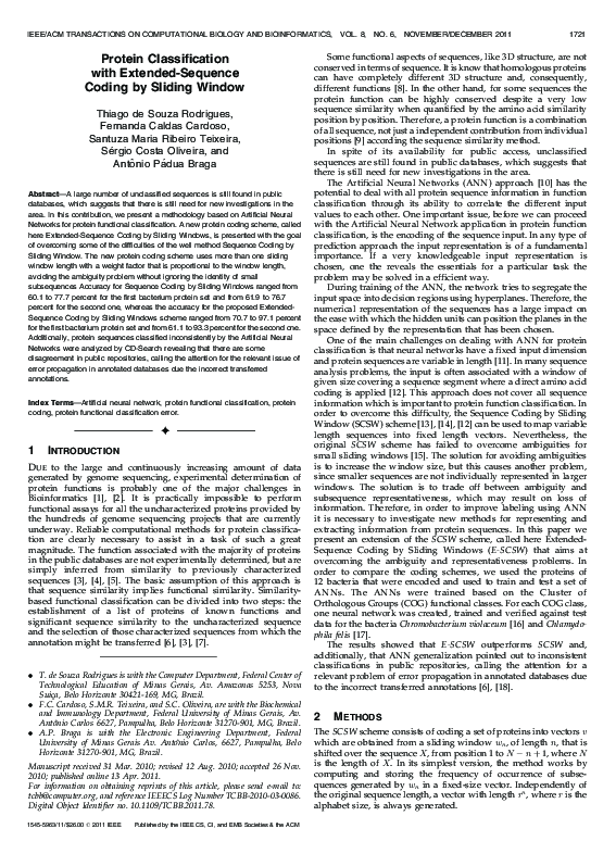Pdf Protein Classification With Extended Sequence Coding By Sliding Window Fernanda Eugênia