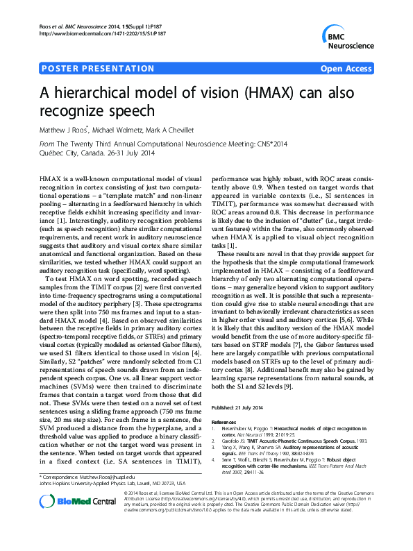 (PDF) A hierarchical model of vision (HMAX) can also recognize speech
