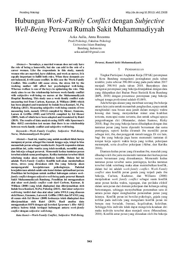 (PDF) Hubungan Work-Family Conflict dengan Subjective Well-Being Perawat Rumah Sakit Muhammadiyyah