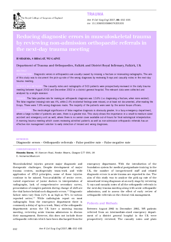 (PDF) Reducing Diagnostic Errors in Musculoskeletal Trauma by Reviewing Non-Admission ...