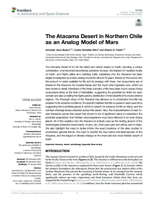 (PDF) The Atacama Desert in Northern Chile as an Analog Model of Mars