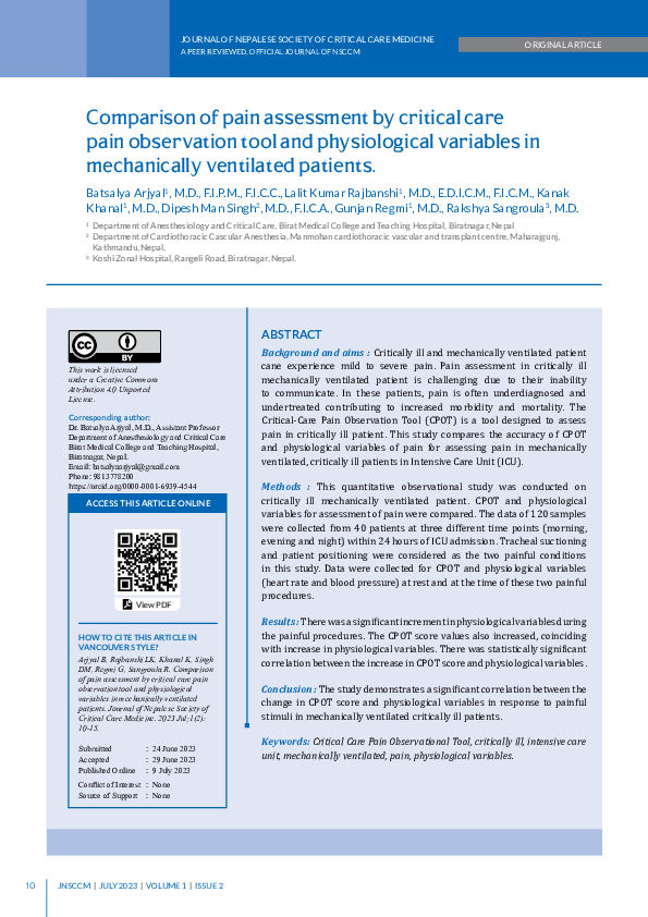 (PDF) Comparison of pain assessment by critical care pain observation ...
