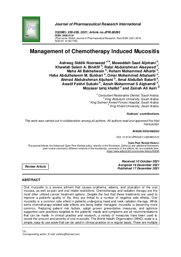 (PDF) Management of Chemotherapy Induced Mucositis