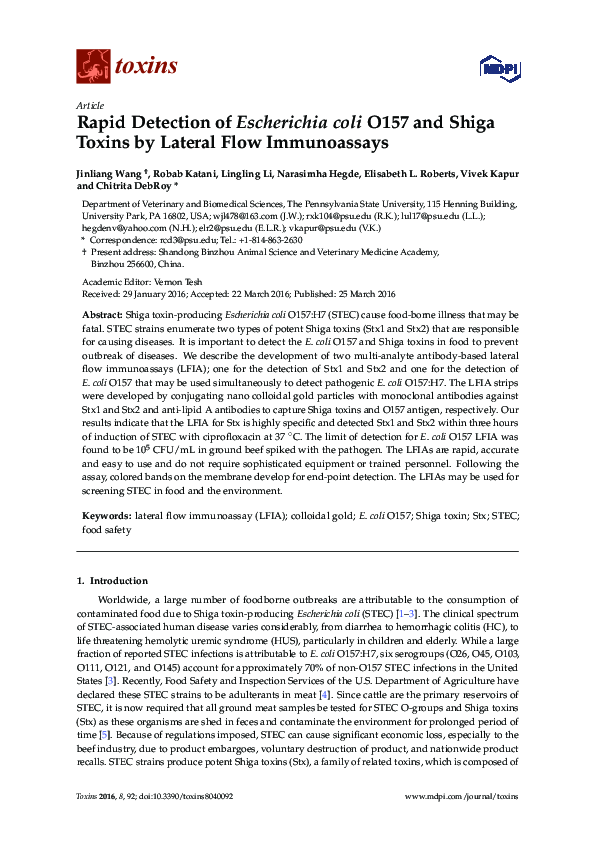(PDF) Rapid Detection of Escherichia coli O157 and Shiga Toxins by ...