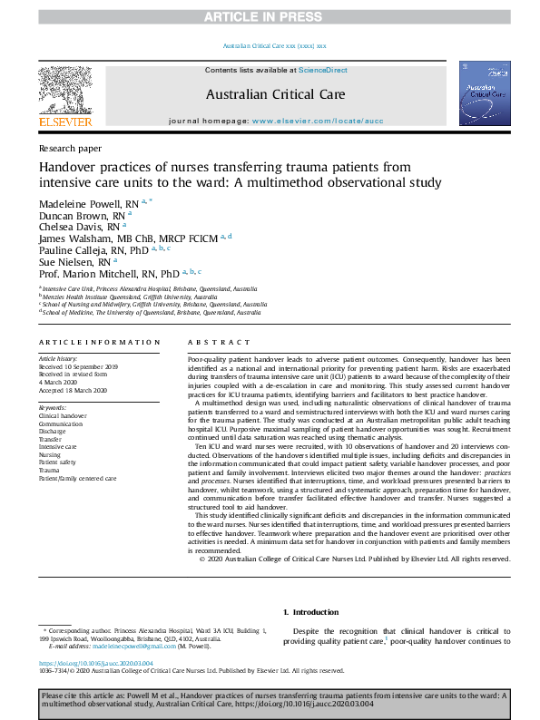 (PDF) Handover practices of nurses transferring trauma patients from ...
