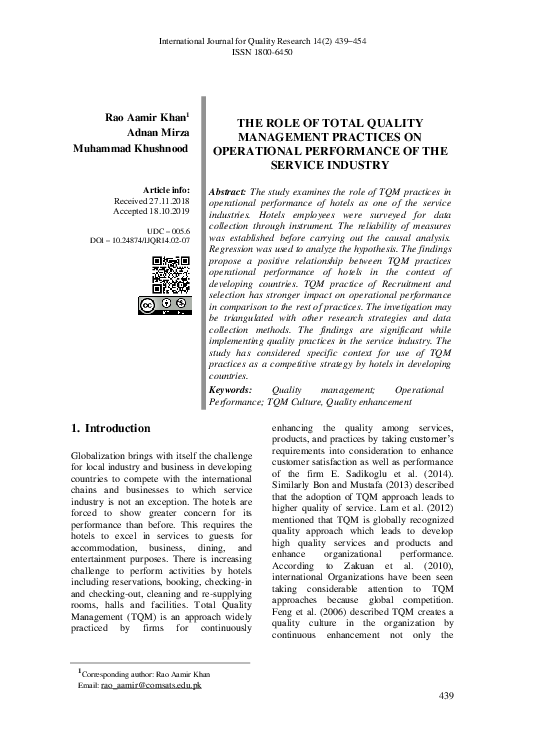 (PDF) The Role of Total Quality Management Practices on Operational ...