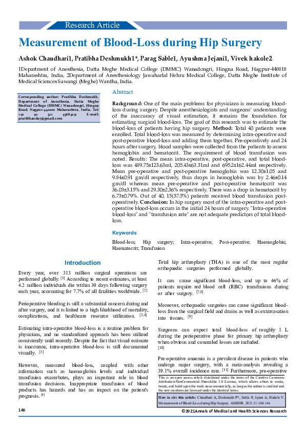 (PDF) Measurement of Blood-Loss During Hip Surgery