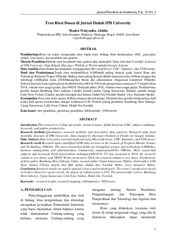 (PDF) Tren Riset Dosen di Jurnal Ilmiah IPB University