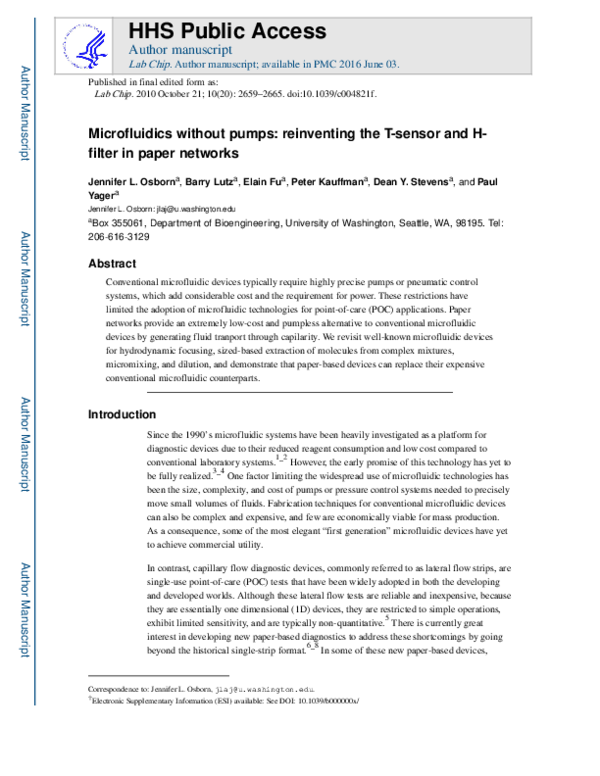 (PDF) Microfluidics without pumps: reinventing the T-sensor and H ...