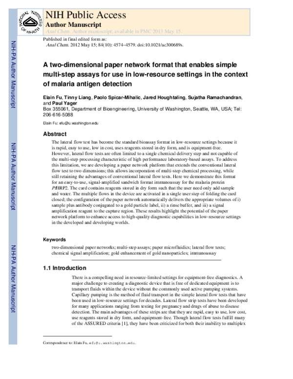 (PDF) Two-Dimensional Paper Network Format That Enables Simple Multistep Assays for Use in Low ...