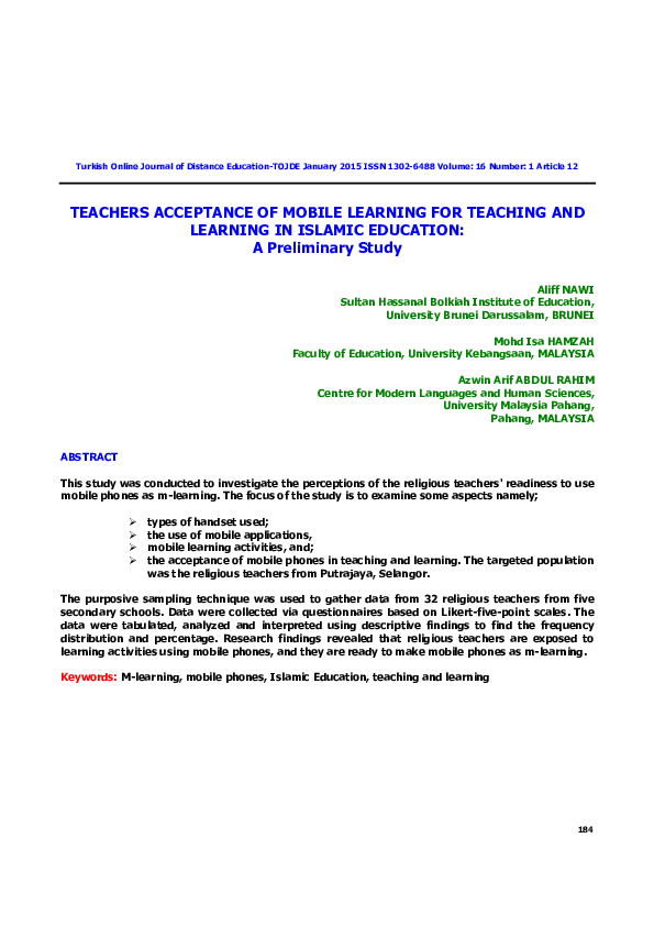 (PDF) Teachers Acceptance of Mobile Learning for Teaching and Learning in Islamic Education: A ...