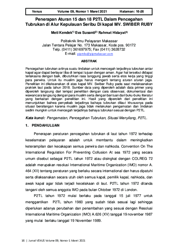 (PDF) Penerapan Aturan 15 dan 18 P2TL Dalam Pencegahan Tubrukan di Alur ...
