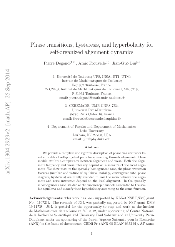 (PDF) Phase Transitions, Hysteresis, and Hyperbolicity for Self-Organized Alignment Dynamics