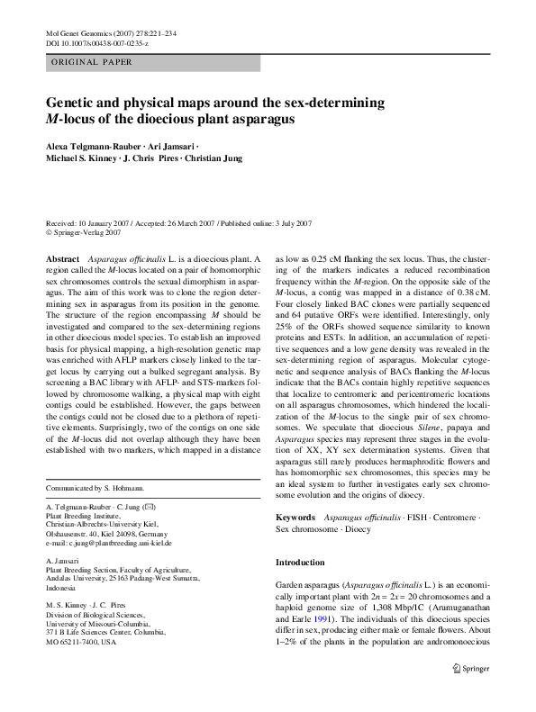 Pdf Genetic And Physical Maps Around The Sex Determining M Locus Of The Dioecious Plant Asparagus