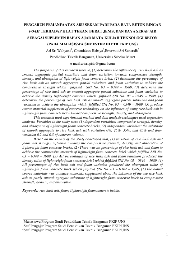(PDF) Pengaruh Pemanfaatan Abu Sekam Padi Pada Bata Beton Ringan Foam Terhadap Kuat Tekan, Berat ...